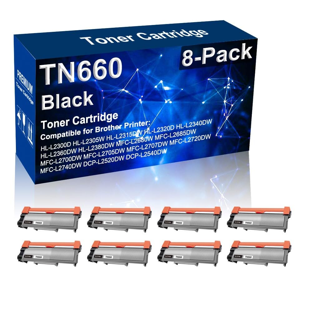 8-Pack Compatible High Capacity TN660 TN-660 Printer Toner Cartridge Used for Brother HL-L2305W HL-L2320D HL-L2380DW MFC-L2700DW MFC-L2707DW DCP-L2540DW Printer (Black)