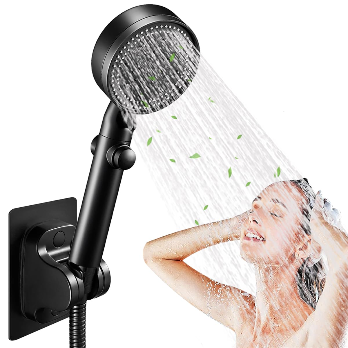 5 Functions Shower Head Shower Head with Handheld High Pressure-Full Body Coverage Powerful Rain Hard Water Softener Filtered Shower Head(Black)