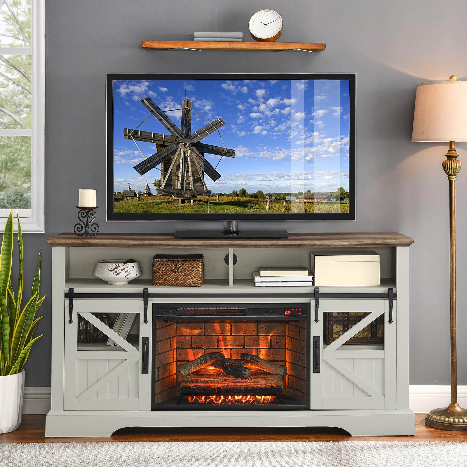 Electric Fireplace TV Stand for TVs up to 70 Inch, TV Console with 26'' Fireplace, 2 Open Shelves & Cabinets, Fireplace Heater with 4 Brightness with 5118 BTU Heat Output, CSA/UL Certified 1500W