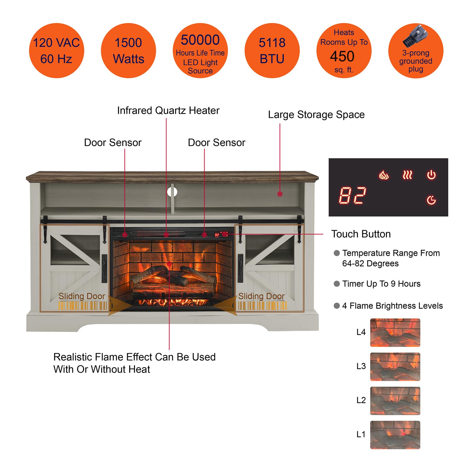 Electric Fireplace TV Stand for TVs up to 70 Inch, TV Console with 26'' Fireplace, 2 Open Shelves & Cabinets, Fireplace Heater with 4 Brightness with 5118 BTU Heat Output, CSA/UL Certified 1500W