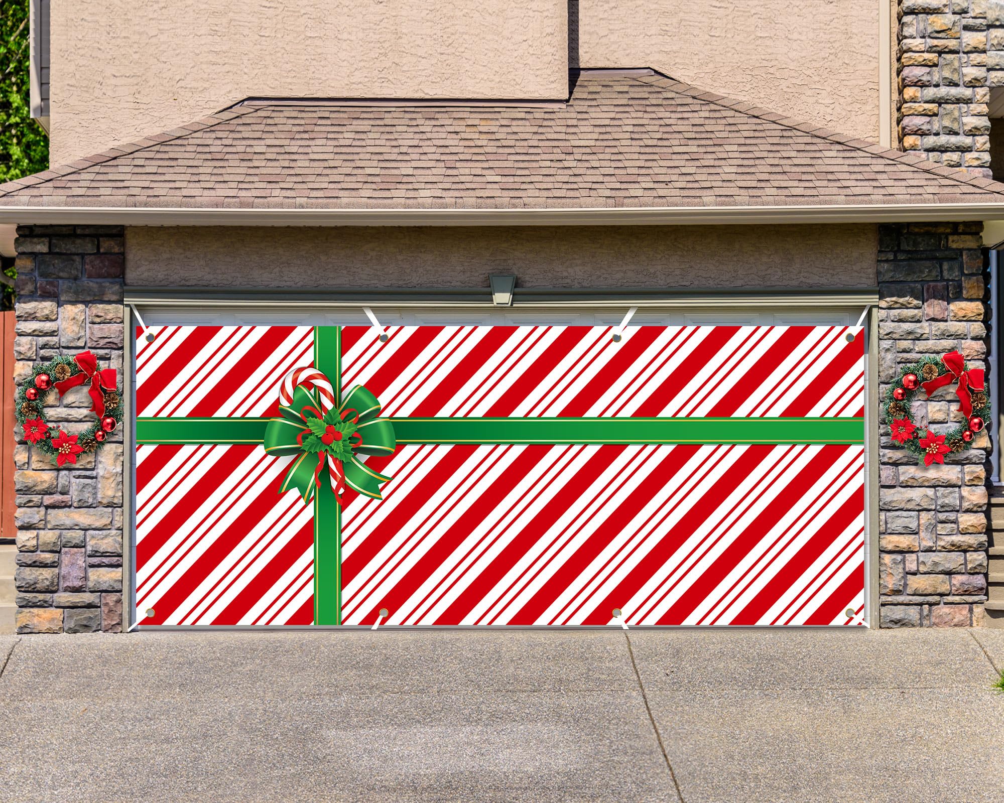 Hosuly 6.6 x 16ft Double Christmas Garage Door Banner Large Merry Christmas Hanging Backdrop Decorations Indoor Outdoor Christmas Garage Door Cover for Xmas Holiday Party (Candy Boxes Style)