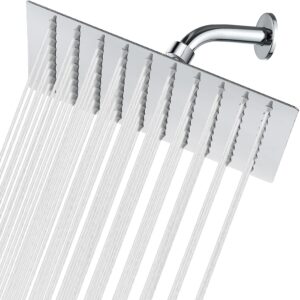 rain shower head, 8 inches rainfall shower head square, stainless steel bathroom waterfall showerhead high pressure, overhead flat bath big shower replacement head, chrome finsh