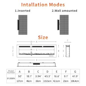 Sumajuc 50 inch Ultra-Thin Electric Fireplace Recessed and Wall Mounted,32 Color Combinations Adjustable Fireplace,750/1500W Heater w/Thermostat,Timer,Touch Screen & Remote Control,Log Set & Crysta