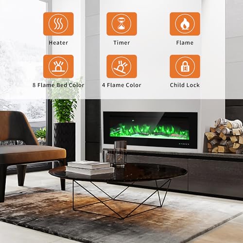 Sumajuc 50 inch Ultra-Thin Electric Fireplace Recessed and Wall Mounted,32 Color Combinations Adjustable Fireplace,750/1500W Heater w/Thermostat,Timer,Touch Screen & Remote Control,Log Set & Crysta