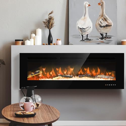 Sumajuc 50 inch Ultra-Thin Electric Fireplace Recessed and Wall Mounted,32 Color Combinations Adjustable Fireplace,750/1500W Heater w/Thermostat,Timer,Touch Screen & Remote Control,Log Set & Crysta