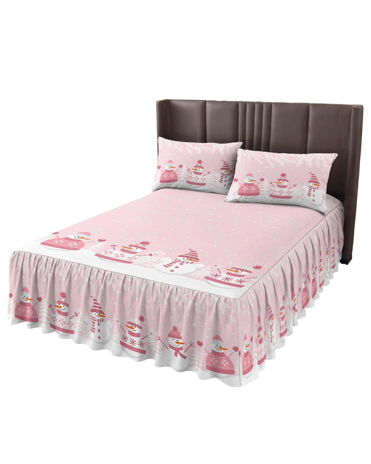 Pink Christmas Wrap Around Pleated Bed Skirts for Twin XL Bed 39x80, Decorative Dust Ruffle Bed Sheet & Bedskirt 18'' Drop Bedspread with Pillow Case 20x30 Snowman Snowflake Pine Tree Leaves