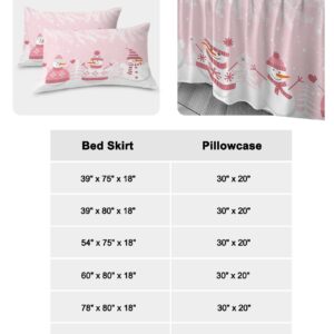 Pink Christmas Wrap Around Pleated Bed Skirts for Twin XL Bed 39x80, Decorative Dust Ruffle Bed Sheet & Bedskirt 18'' Drop Bedspread with Pillow Case 20x30 Snowman Snowflake Pine Tree Leaves