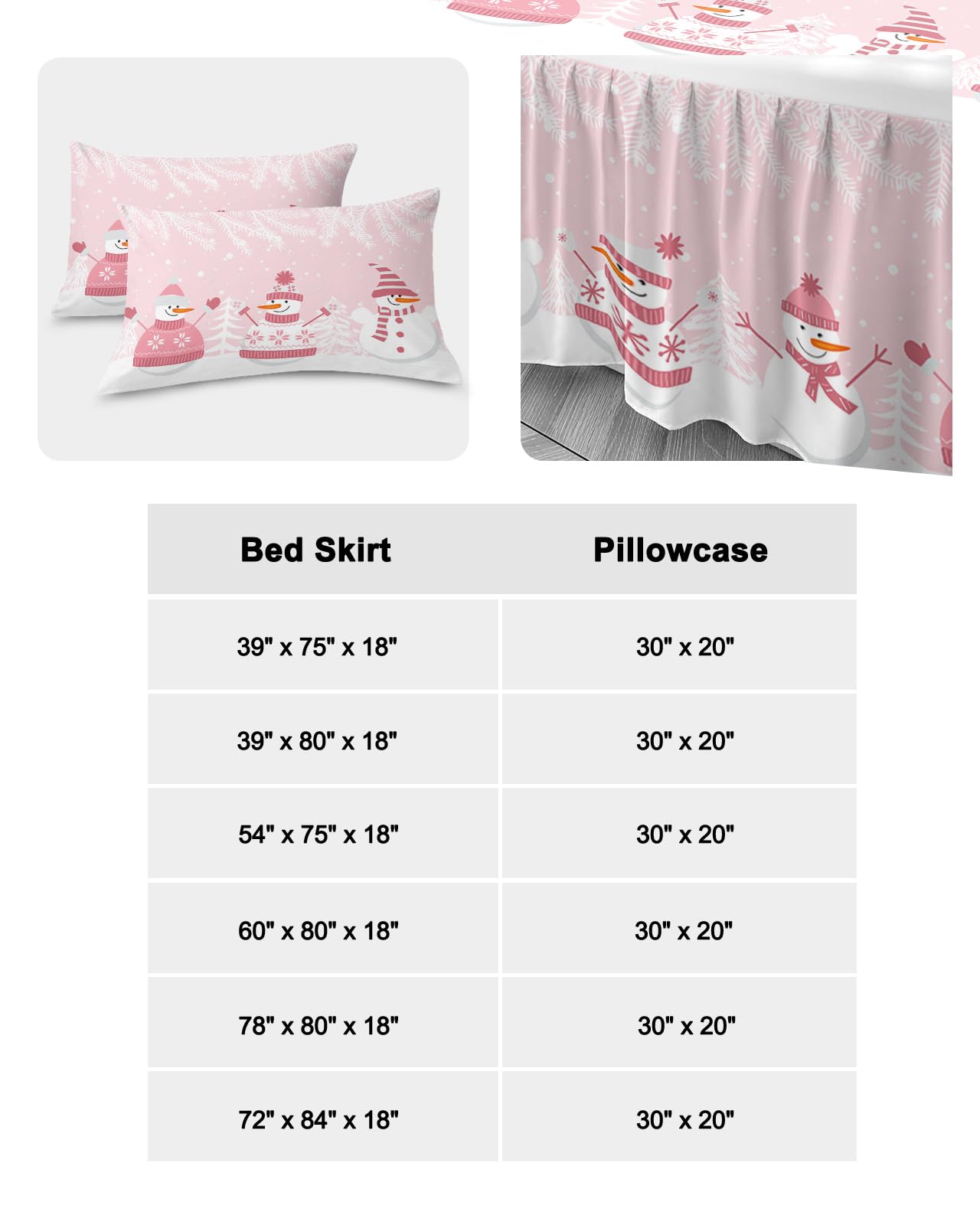 Pink Christmas Wrap Around Pleated Bed Skirts for Twin XL Bed 39x80, Decorative Dust Ruffle Bed Sheet & Bedskirt 18'' Drop Bedspread with Pillow Case 20x30 Snowman Snowflake Pine Tree Leaves