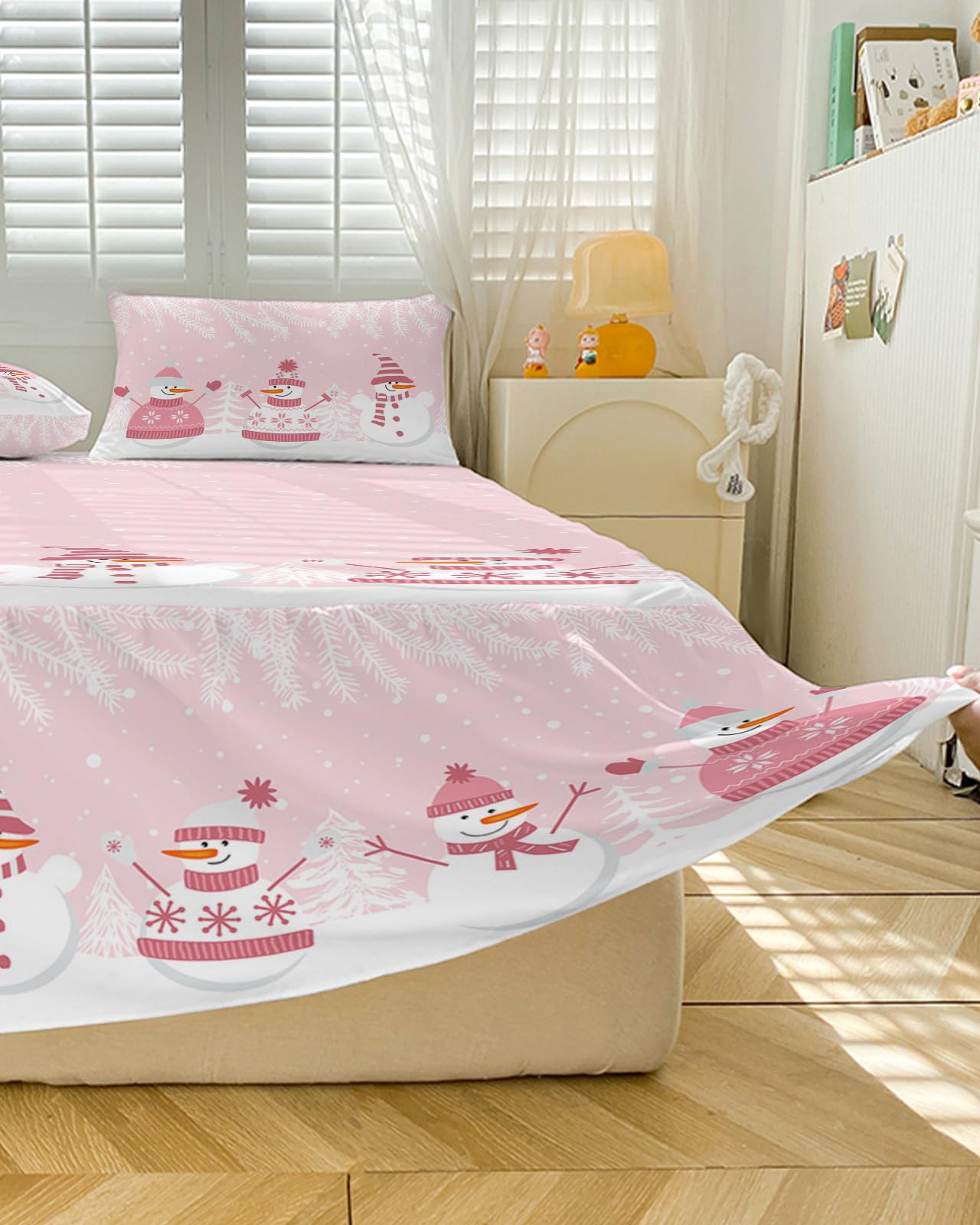 Pink Christmas Wrap Around Pleated Bed Skirts for Twin XL Bed 39x80, Decorative Dust Ruffle Bed Sheet & Bedskirt 18'' Drop Bedspread with Pillow Case 20x30 Snowman Snowflake Pine Tree Leaves