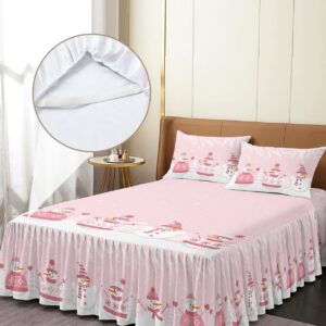 Pink Christmas Wrap Around Pleated Bed Skirts for Twin XL Bed 39x80, Decorative Dust Ruffle Bed Sheet & Bedskirt 18'' Drop Bedspread with Pillow Case 20x30 Snowman Snowflake Pine Tree Leaves