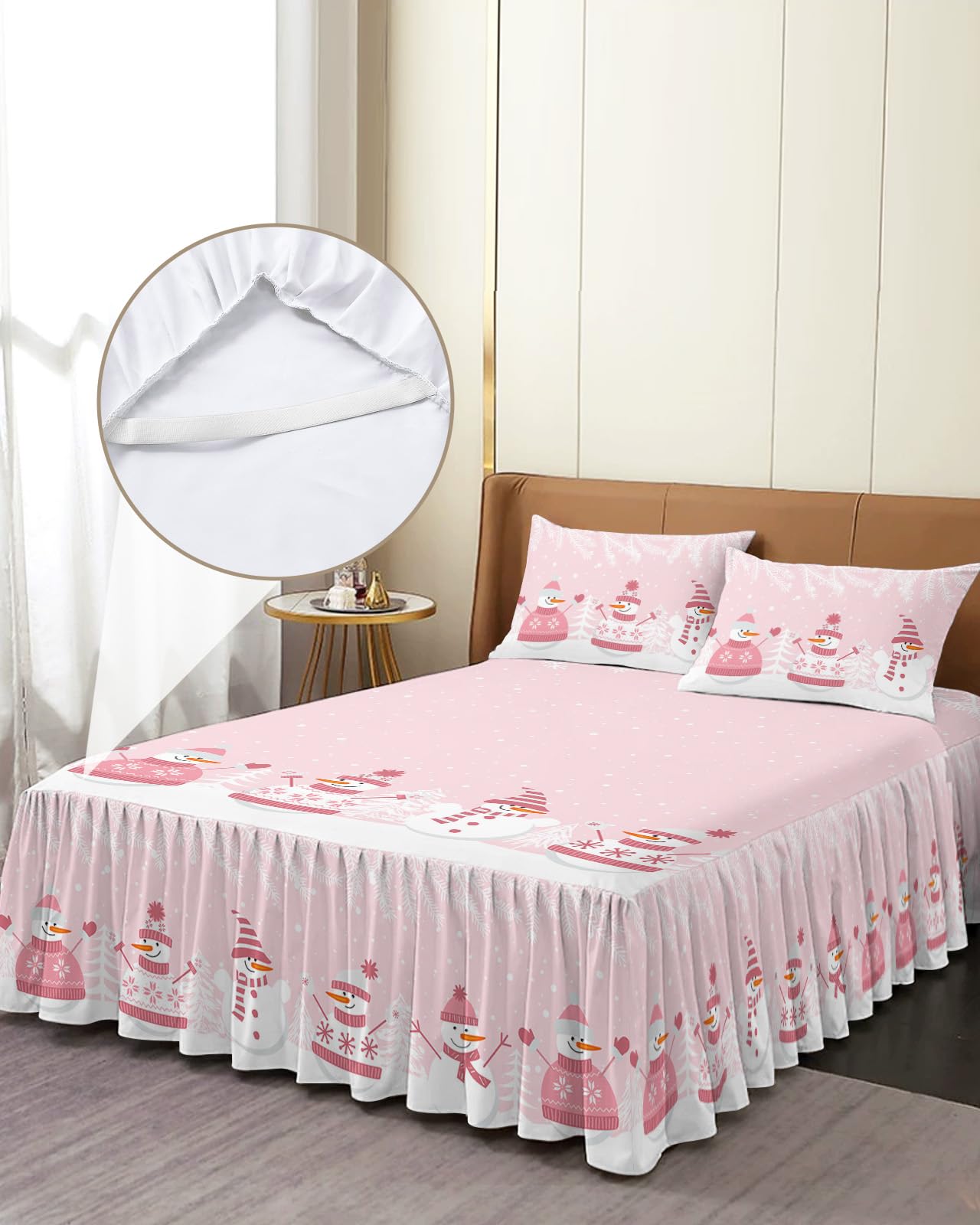 Pink Christmas Wrap Around Pleated Bed Skirts for Twin XL Bed 39x80, Decorative Dust Ruffle Bed Sheet & Bedskirt 18'' Drop Bedspread with Pillow Case 20x30 Snowman Snowflake Pine Tree Leaves