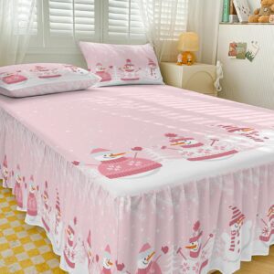 Pink Christmas Wrap Around Pleated Bed Skirts for Twin XL Bed 39x80, Decorative Dust Ruffle Bed Sheet & Bedskirt 18'' Drop Bedspread with Pillow Case 20x30 Snowman Snowflake Pine Tree Leaves