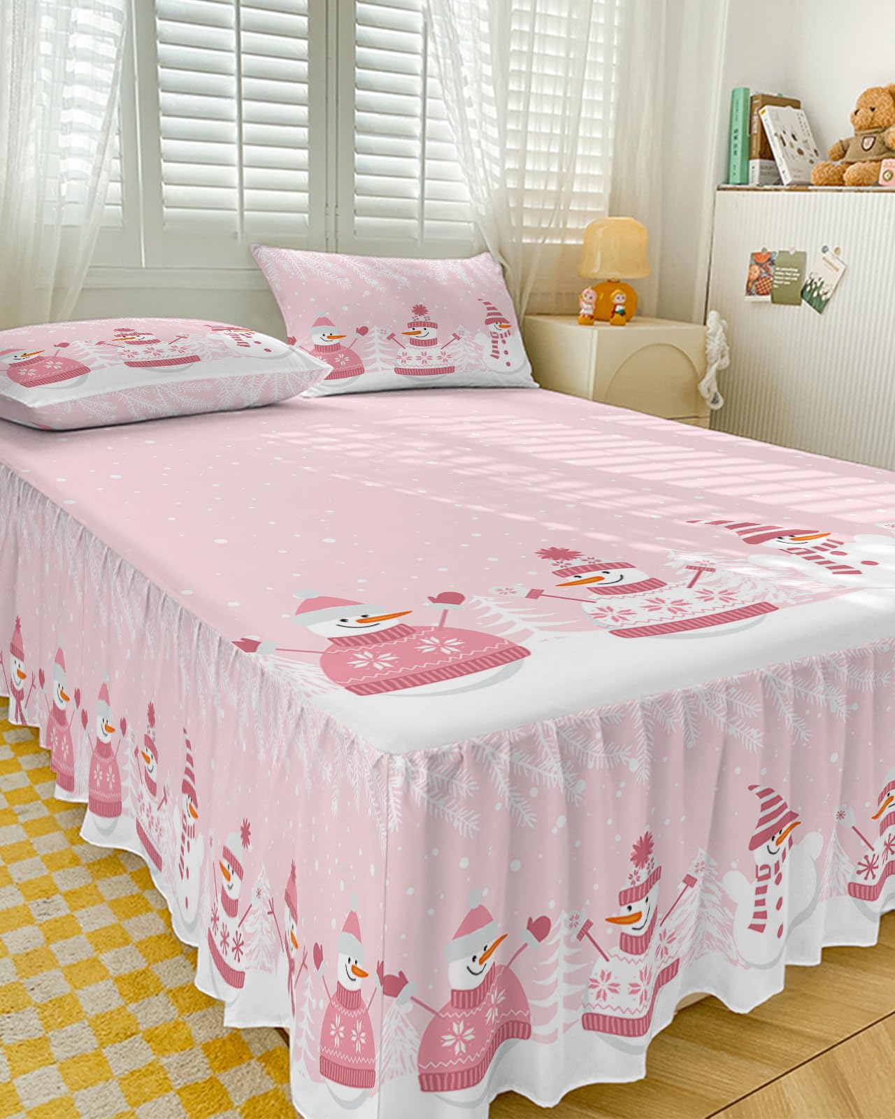 Pink Christmas Wrap Around Pleated Bed Skirts for Twin XL Bed 39x80, Decorative Dust Ruffle Bed Sheet & Bedskirt 18'' Drop Bedspread with Pillow Case 20x30 Snowman Snowflake Pine Tree Leaves