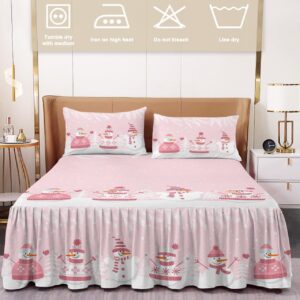 Pink Christmas Wrap Around Pleated Bed Skirts for Twin XL Bed 39x80, Decorative Dust Ruffle Bed Sheet & Bedskirt 18'' Drop Bedspread with Pillow Case 20x30 Snowman Snowflake Pine Tree Leaves