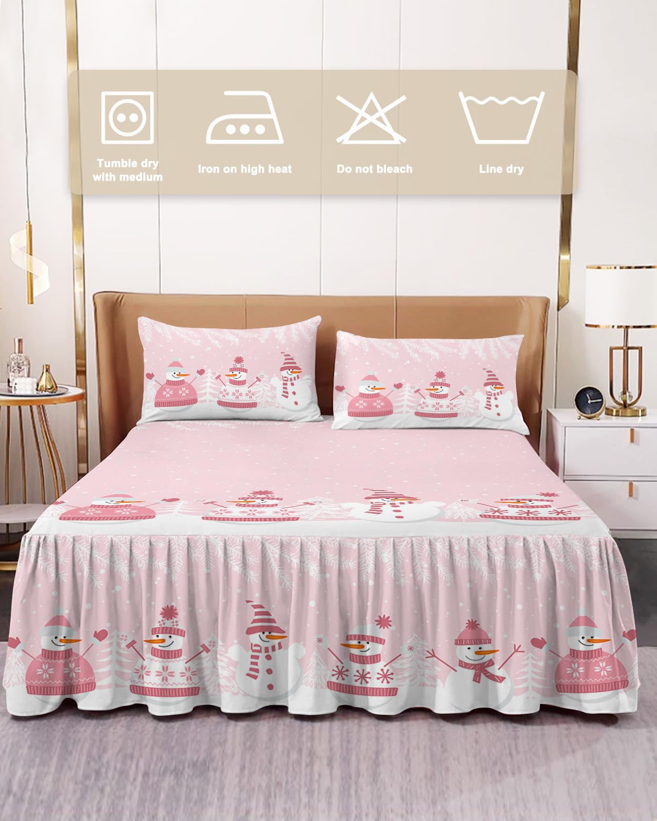 Pink Christmas Wrap Around Pleated Bed Skirts for Twin XL Bed 39x80, Decorative Dust Ruffle Bed Sheet & Bedskirt 18'' Drop Bedspread with Pillow Case 20x30 Snowman Snowflake Pine Tree Leaves