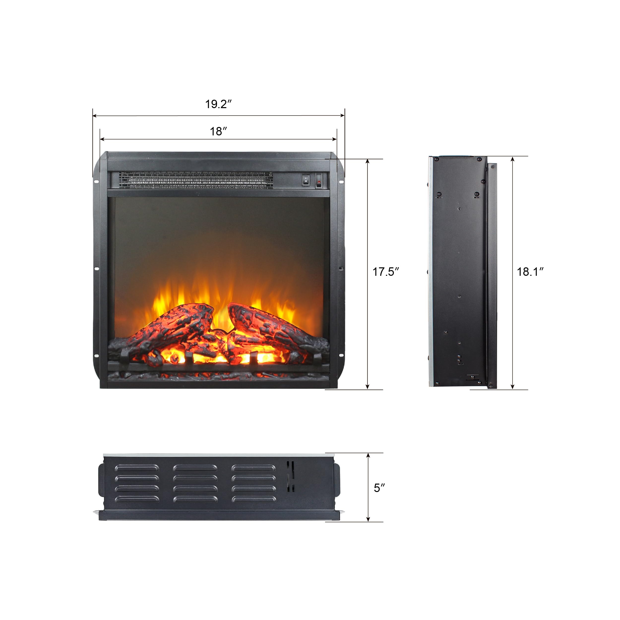 18 Inch Electric Fireplace Insert, Ultra Thin Heater with Log Set & Realistic Flame, Overheating Protection