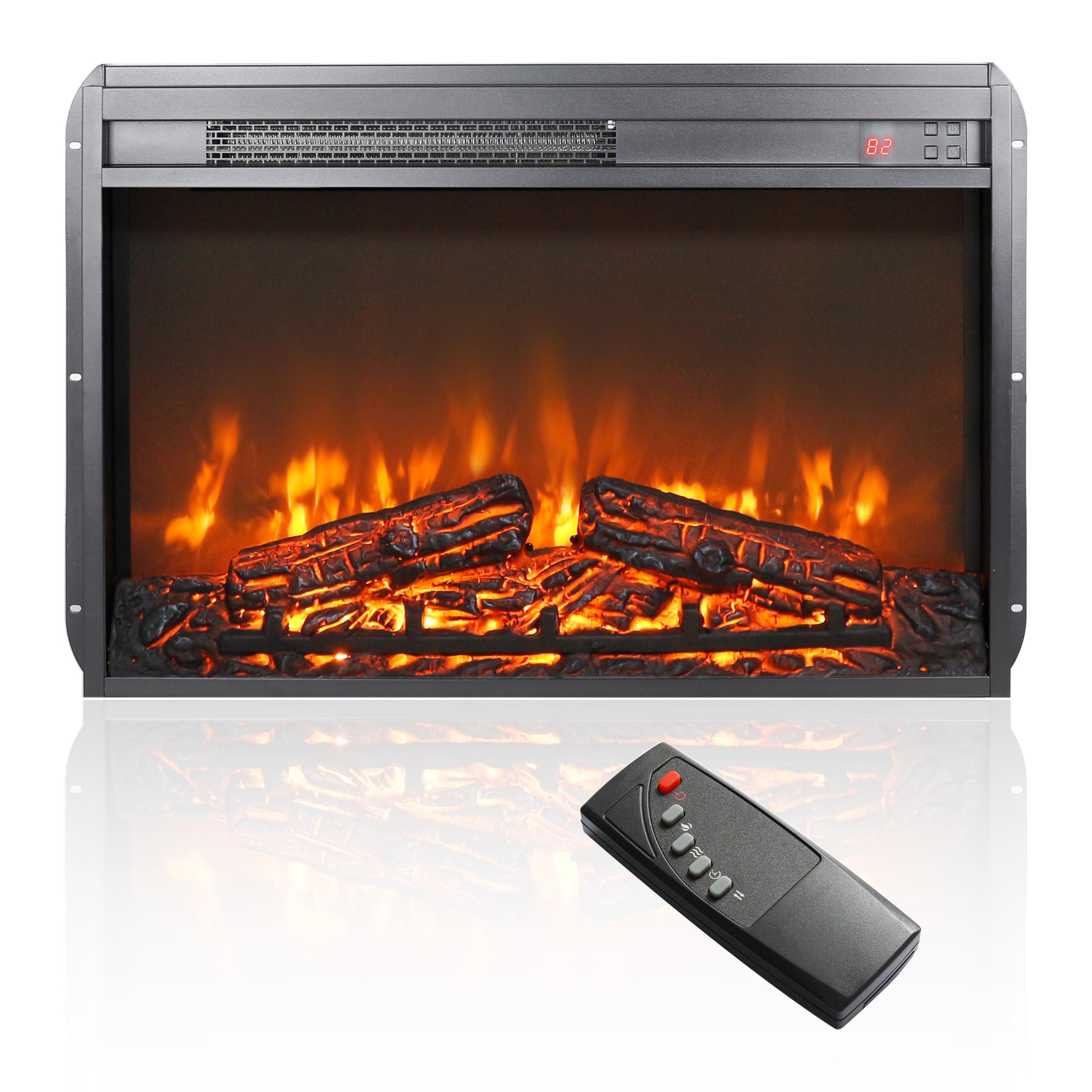 Tzou 26 Inch Electric Fireplace Insert with Realistic Logs Flames Thin Electric Fireplace with Overheating Protection Antique Black