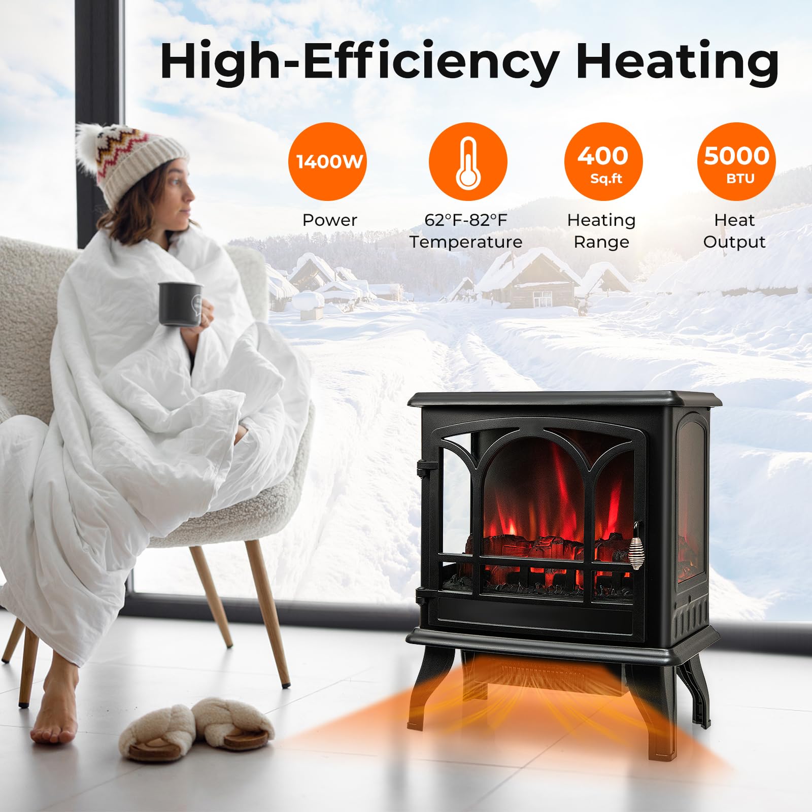 GOFLAME 23” Electric Fireplace Stove, Freestanding Fireplace Heater with 3-Level Dimmable Flame Effect and 6H Timer, Remote Control, Compact Stove Heater with Overheat Protection, 1400W