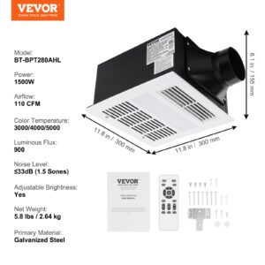 VEVOR Bathroom Exhaust Fan, 1500W Heating, 110 CFM High-Efficiency Ventilation, 1.5sones Low Noise Operation, Remote Control, Energy-Saving Bathroom Ceiling Fan, Attic Access Needed