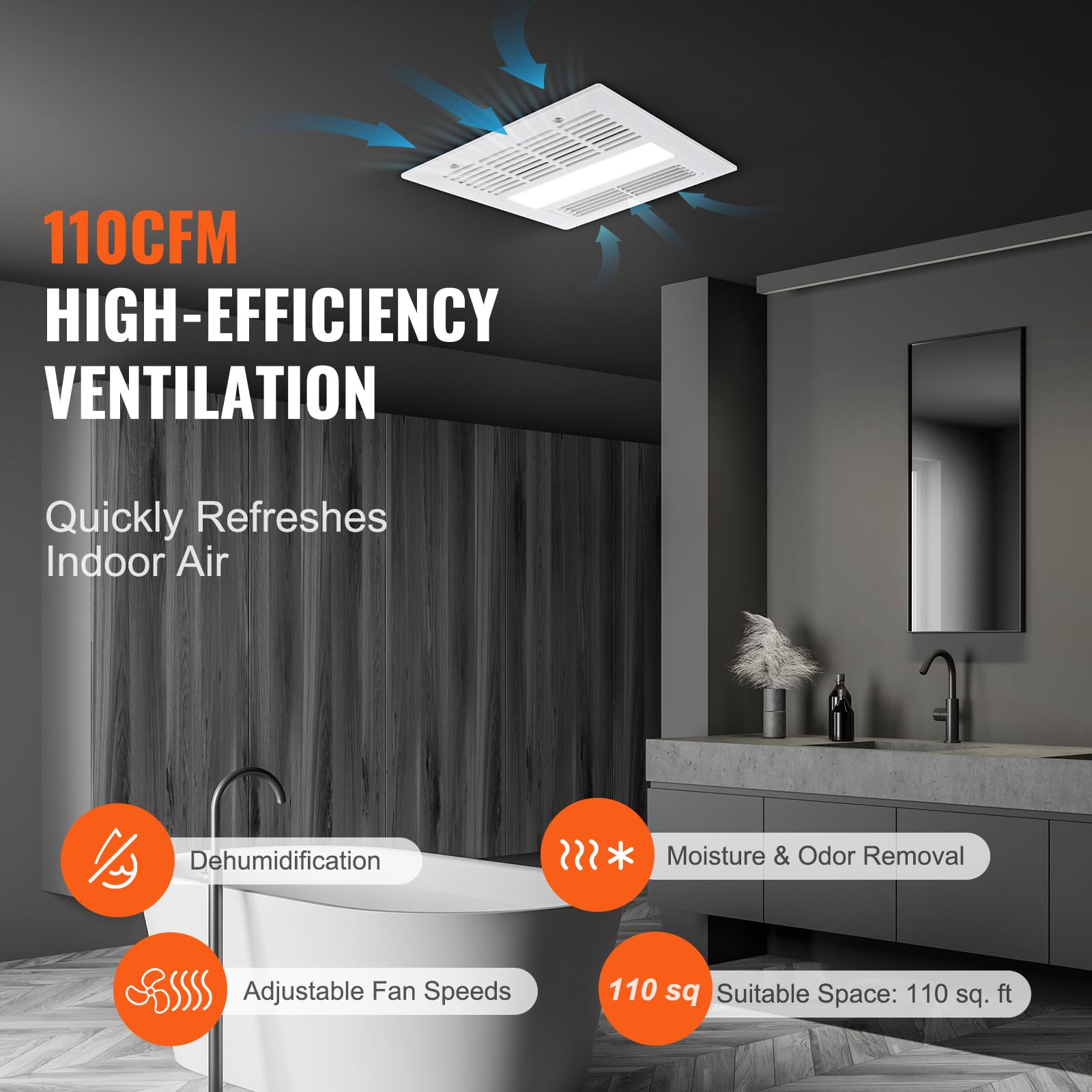 VEVOR Bathroom Exhaust Fan, 1500W Heating, 110 CFM High-Efficiency Ventilation, 1.5sones Low Noise Operation, Remote Control, Energy-Saving Bathroom Ceiling Fan, Attic Access Needed