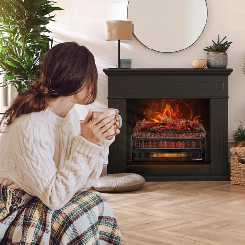 23 inch Electric Fireplace Heater Portable for Indoor, Living Room, Large Room, Logs with Lights, Fireplace Heater 3D Flame Effects Adjustable Brightness Remote Control 1400W Brwon