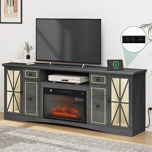 YITAHOME 70 Inch Electric Fireplace TV Stand for up to 80 Inch TVs, LED Entertainment Center with Fireplace for Living Room, Farmhouse Fireplace TV Cabinet with Storage (Grey)