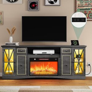 YITAHOME 70 Inch Electric Fireplace TV Stand for up to 80 Inch TVs, LED Entertainment Center with Fireplace for Living Room, Farmhouse Fireplace TV Cabinet with Storage (Grey)