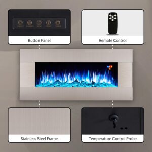 AMERLIFE 40" Wall Mount Electric Fireplace with Remote Control, Wall Hanging Fireplace Heater with Adjustable Flame Colors and Heater, Top-Vent, Low Noise, 750W/1500W, Stainless Steel Frame