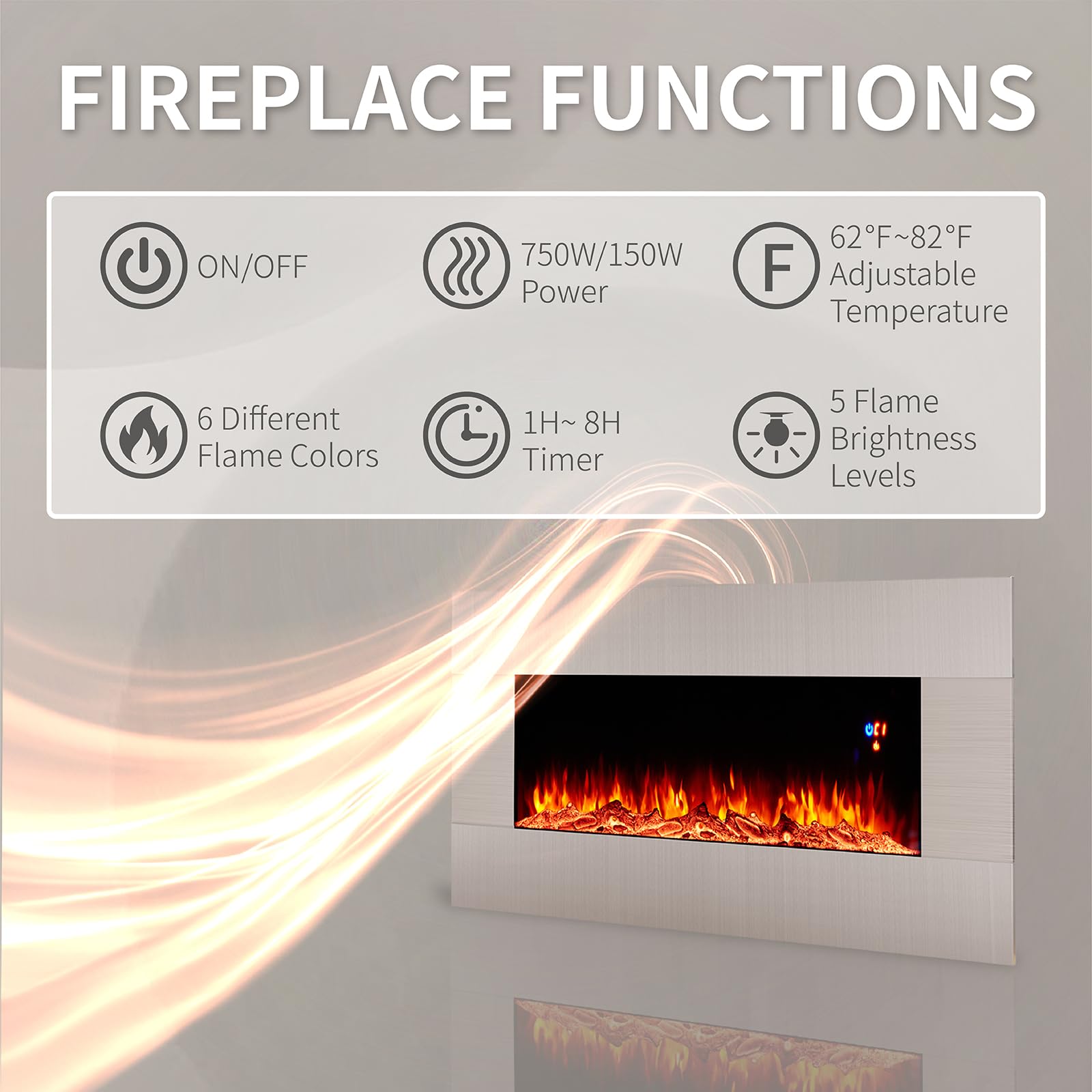 AMERLIFE 40" Wall Mount Electric Fireplace with Remote Control, Wall Hanging Fireplace Heater with Adjustable Flame Colors and Heater, Top-Vent, Low Noise, 750W/1500W, Stainless Steel Frame