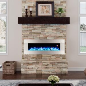 AMERLIFE 40" Wall Mount Electric Fireplace with Remote Control, Wall Hanging Fireplace Heater with Adjustable Flame Colors and Heater, Top-Vent, Low Noise, 750W/1500W, Stainless Steel Frame