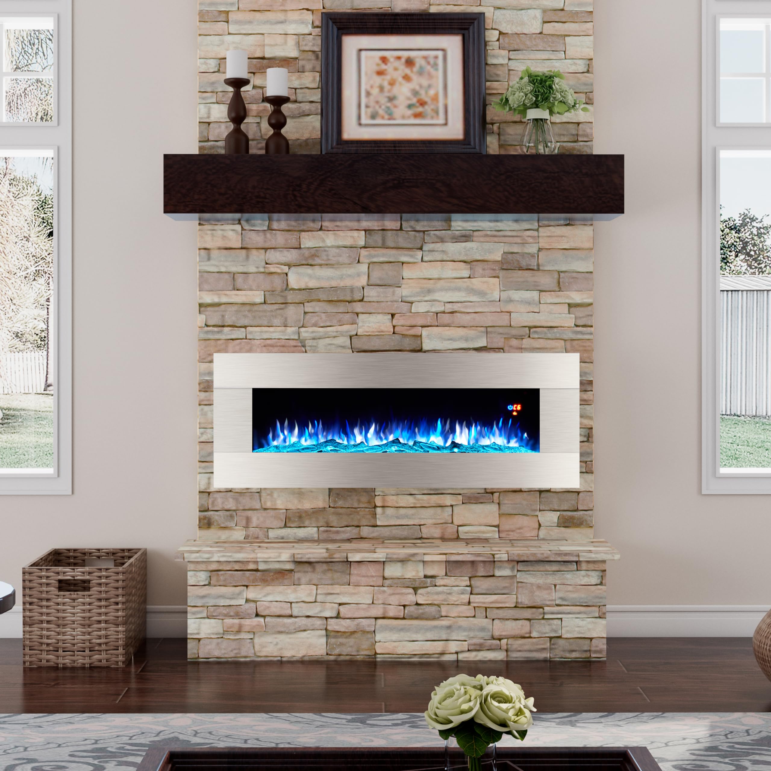 AMERLIFE 40" Wall Mount Electric Fireplace with Remote Control, Wall Hanging Fireplace Heater with Adjustable Flame Colors and Heater, Top-Vent, Low Noise, 750W/1500W, Stainless Steel Frame