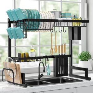 sakugi over the sink dish drying rack - large drying rack w/adjustable length 23.6"-35.0", space-saving dish rack for kitchen counter, multifunctional stainless steel 2-tier dish drying rack, black