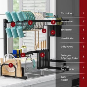 Sakugi Over The Sink Dish Drying Rack - Large Drying Rack w/Adjustable Length 23.6"-35.0", Space-Saving Dish Rack for Kitchen Counter, Multifunctional Stainless Steel 2-Tier Dish Drying Rack, Black