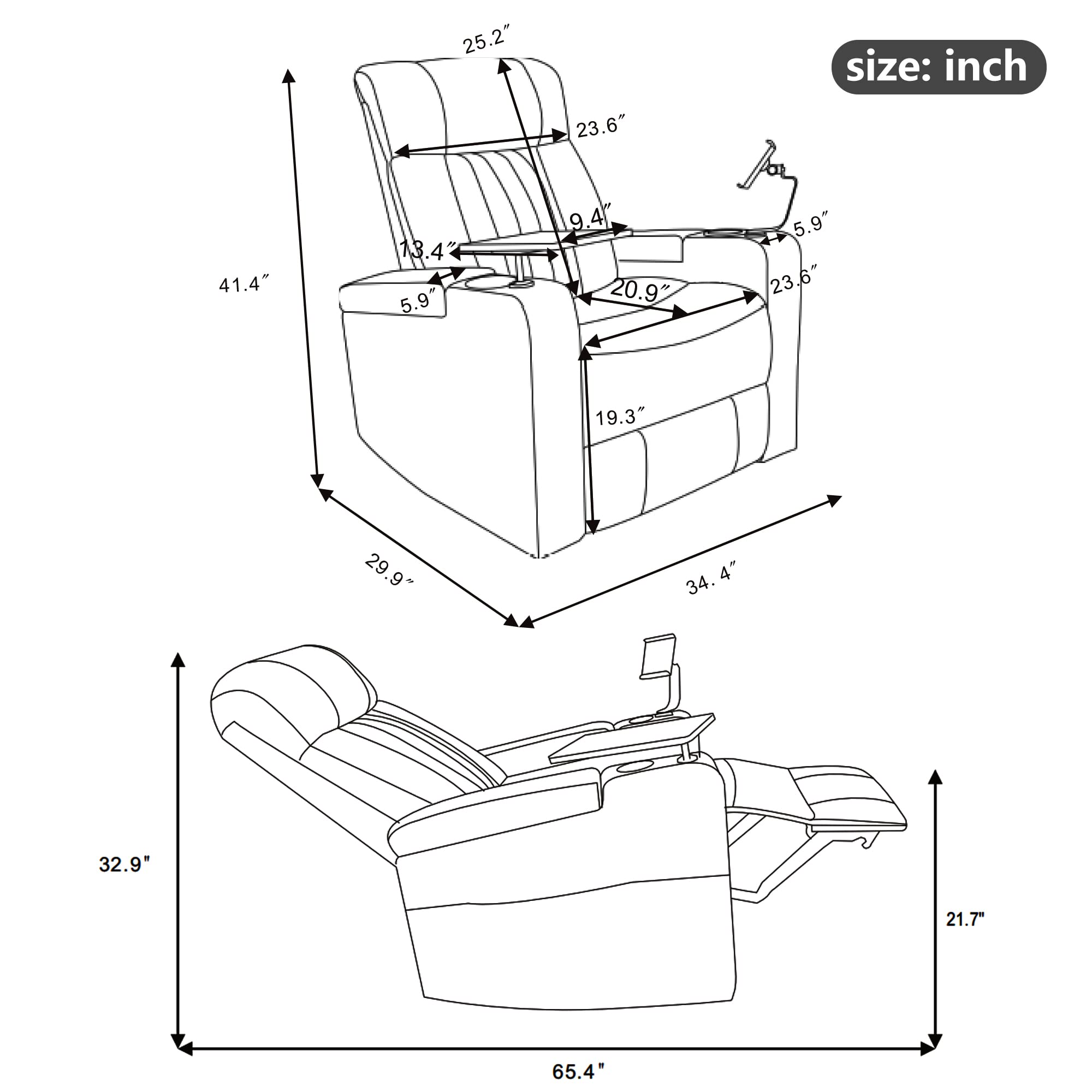 QKFF Leather Power Recliner Chair, Electric PU Recliner with Hidden Arm Storage, USB Charging Port, 2 Cup Holders, Tray Table, Phone Stand for Home Theater (Dark Black)