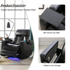 QKFF Leather Power Recliner Chair, Electric PU Recliner with Hidden Arm Storage, USB Charging Port, 2 Cup Holders, Tray Table, Phone Stand for Home Theater (Dark Black)