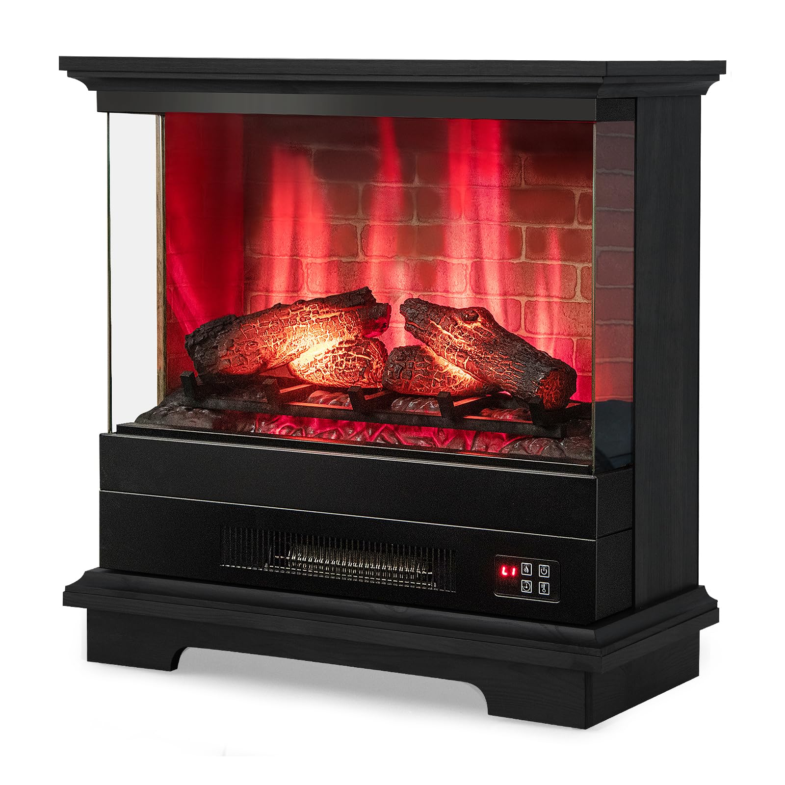 Tangkula 27 Inches Electric Fireplace Heater, Freestanding No Assembly Fireplace Stove with Remote Control, 3-Sided View, 7 Flame Effects, Overheat Protection, CSA Certified, 6H Timer, 1400W (Black)