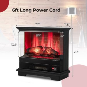 Tangkula 27 Inches Electric Fireplace Heater, Freestanding No Assembly Fireplace Stove with Remote Control, 3-Sided View, 7 Flame Effects, Overheat Protection, CSA Certified, 6H Timer, 1400W (Black)