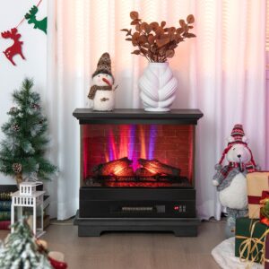 Tangkula 27 Inches Electric Fireplace Heater, Freestanding No Assembly Fireplace Stove with Remote Control, 3-Sided View, 7 Flame Effects, Overheat Protection, CSA Certified, 6H Timer, 1400W (Black)