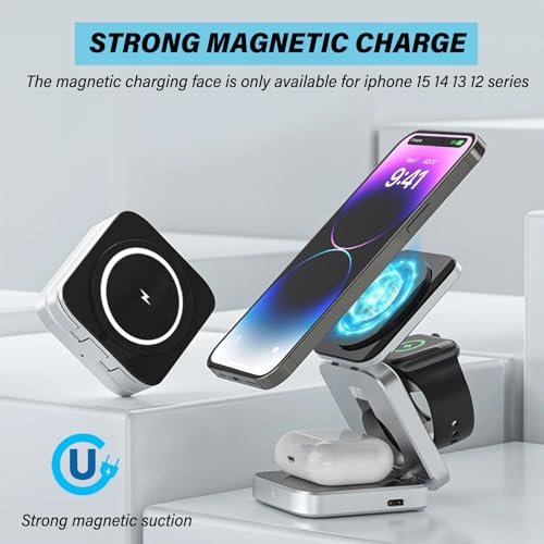 YeeCASE Foldable 3 in 1 Charging Station, Magnetic Wireless Charger, Fast Mag-Safe Charger Stand for iPhone 15 14 13 12 Pro/Max/Plus, for AirPods 3/2/Pro, for iWatch (Adapter Included) (Black)