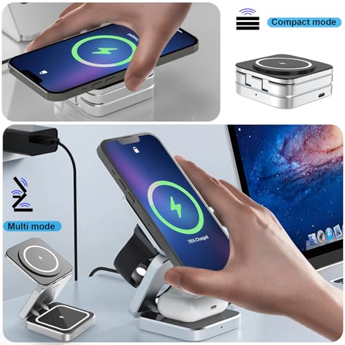 YeeCASE Foldable 3 in 1 Charging Station, Magnetic Wireless Charger, Fast Mag-Safe Charger Stand for iPhone 15 14 13 12 Pro/Max/Plus, for AirPods 3/2/Pro, for iWatch (Adapter Included) (Black)