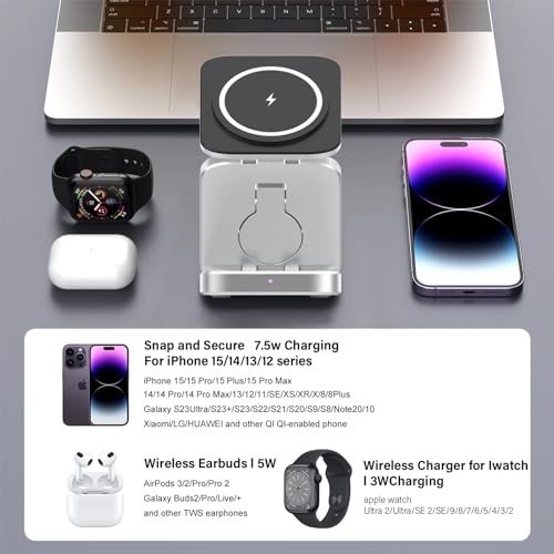 YeeCASE Foldable 3 in 1 Charging Station, Magnetic Wireless Charger, Fast Mag-Safe Charger Stand for iPhone 15 14 13 12 Pro/Max/Plus, for AirPods 3/2/Pro, for iWatch (Adapter Included) (Black)