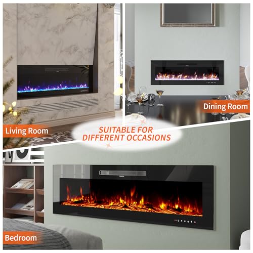 Amerlife 40" Electric Fireplace Wall Mounted, Recessed and Freestanding, Fireplace Heater W/12 Flame Color and Brightness, Touch Screen & Remote Control, Log Set & Crystal Included, Black