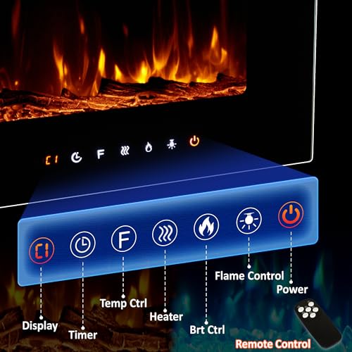 Amerlife 40" Electric Fireplace Wall Mounted, Recessed and Freestanding, Fireplace Heater W/12 Flame Color and Brightness, Touch Screen & Remote Control, Log Set & Crystal Included, Black