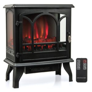 costway electric fireplace stove with 3-sided view, remote control, 1400w portable freestanding heater with thermostat, 3-level brightness, 0.5-6h timer, overheat protection, csa certification, black