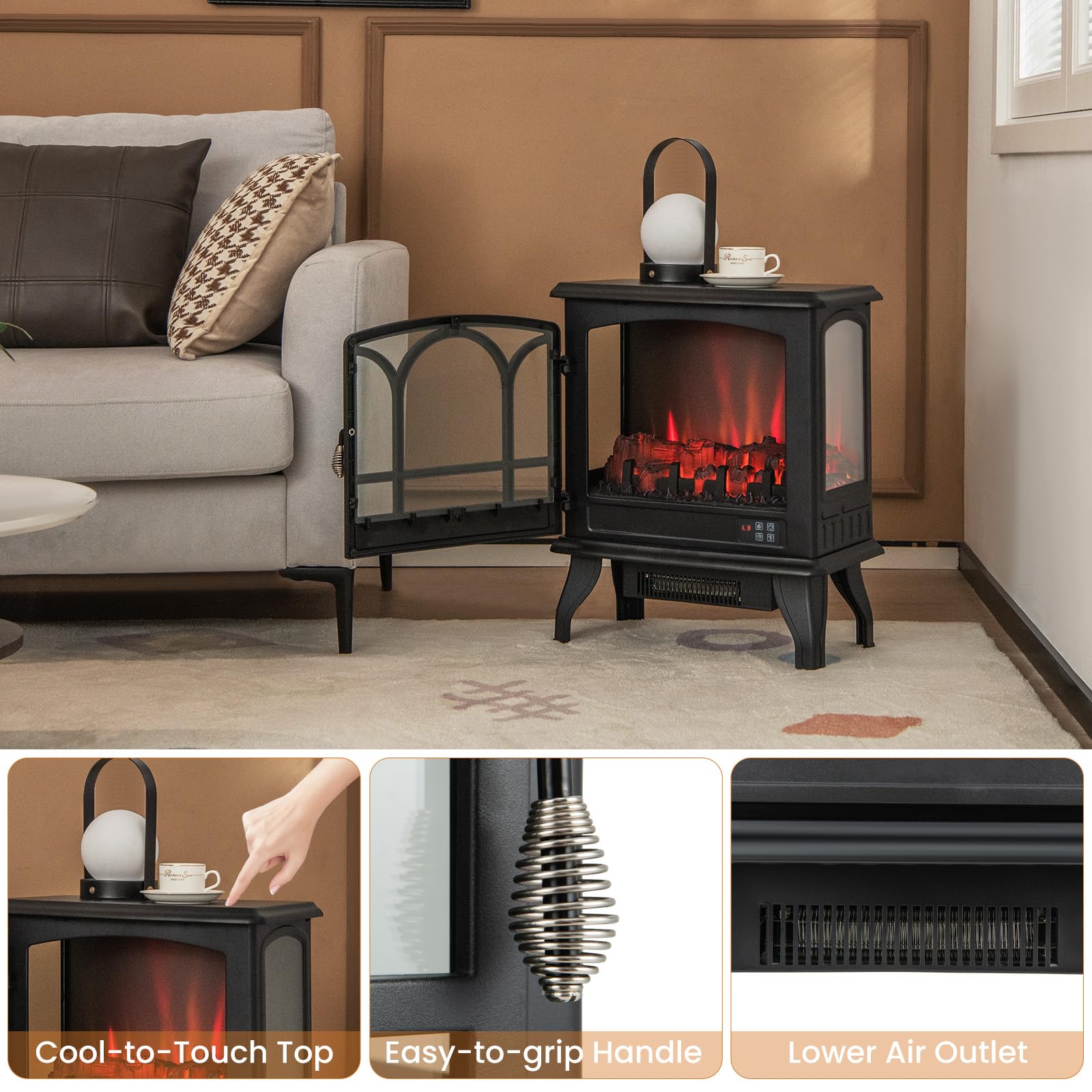 COSTWAY Electric Fireplace Stove with 3-Sided View, Remote Control, 1400W Portable Freestanding Heater with Thermostat, 3-Level Brightness, 0.5-6H Timer, Overheat Protection, CSA Certification, Black