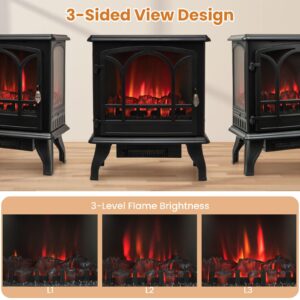 COSTWAY Electric Fireplace Stove with 3-Sided View, Remote Control, 1400W Portable Freestanding Heater with Thermostat, 3-Level Brightness, 0.5-6H Timer, Overheat Protection, CSA Certification, Black