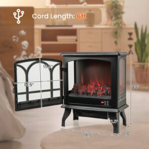 COSTWAY Electric Fireplace Stove with 3-Sided View, Remote Control, 1400W Portable Freestanding Heater with Thermostat, 3-Level Brightness, 0.5-6H Timer, Overheat Protection, CSA Certification, Black