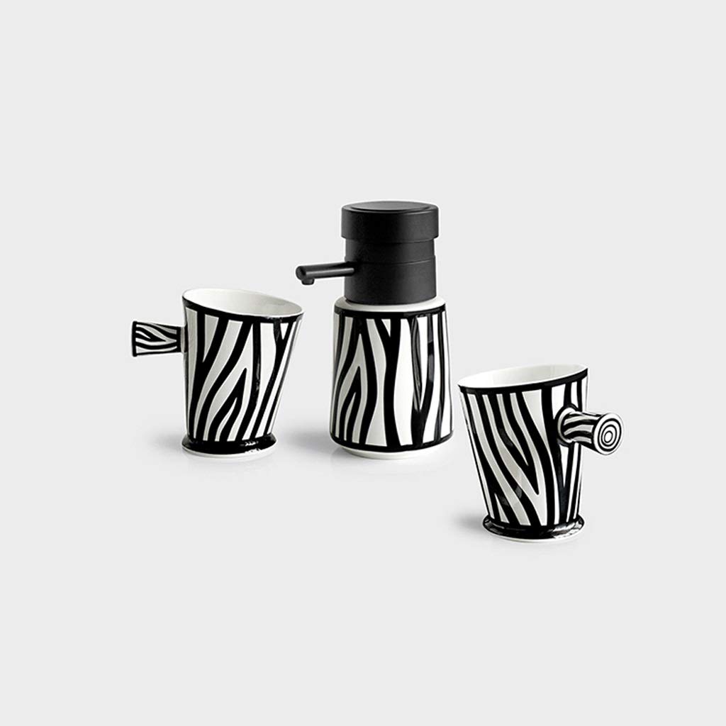 GRFIT Soap Dispenser Hand Soap Dispenser 5-Pc Black and White Striped Ceramics Bathroom Set with Soap Dispenser, Toothbrush Holder, Tumbler, Tray Manual Soap Dispenser Soap Dispenser with Pump