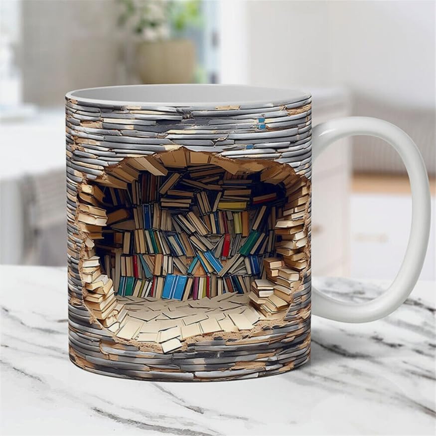 3D Bookshelf Mug， Creative Space Design Multi-Purpose Ceramic Mug,A Library Shelf Cup,3D Bookshelves Hole in A Wall Mug, (Gray)