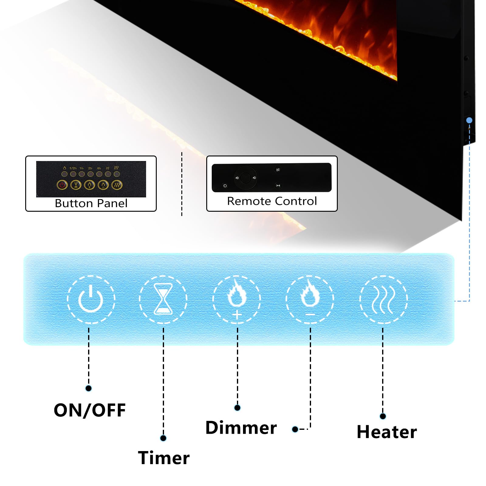 Amerlife 50" Electric Fireplace Wall-Mounted, Fireplace Heater with Timer, Remote Control, Adjustable Flame Brightness, Log Set & Crystal Options, Black